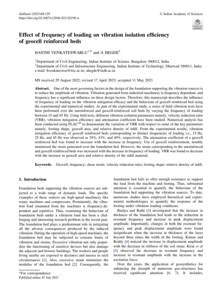 Effect of Frequency of Loading On Vibration Isolation Efficiency of ...