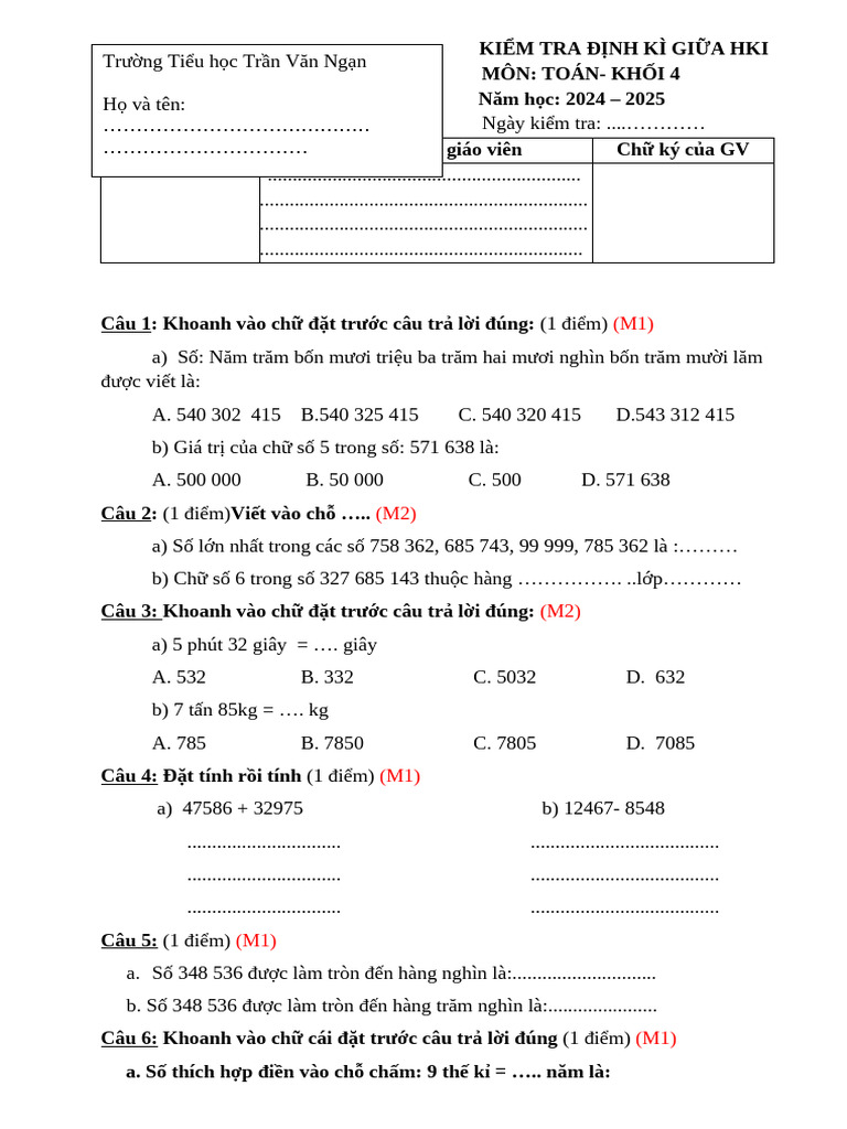 TOAN GKI KHỐI 4-NH 24-25 | PDF