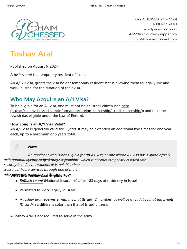Toshav Arai - Chaim V'Chessed | PDF | Travel Visa | Passport