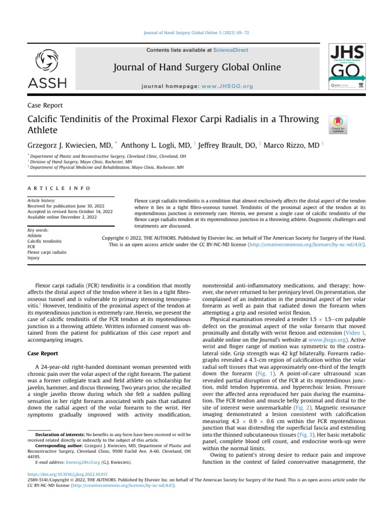 Calcific Tendinitis of The Proximal Flexor Carpi Radialis in A Throwing ...