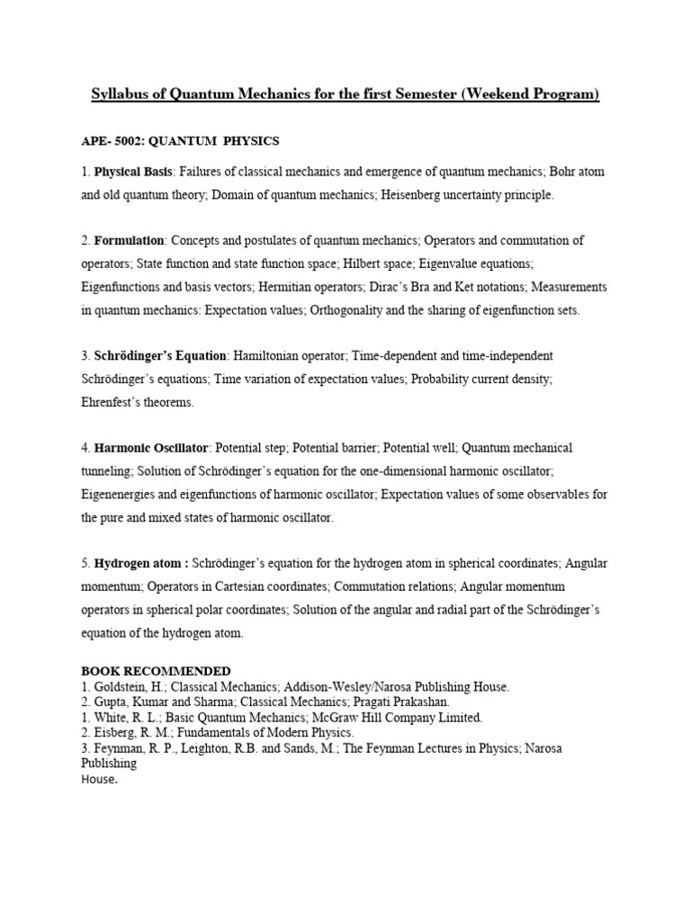 Quantum Mechanics Syllabus: 1st Semester | PDF