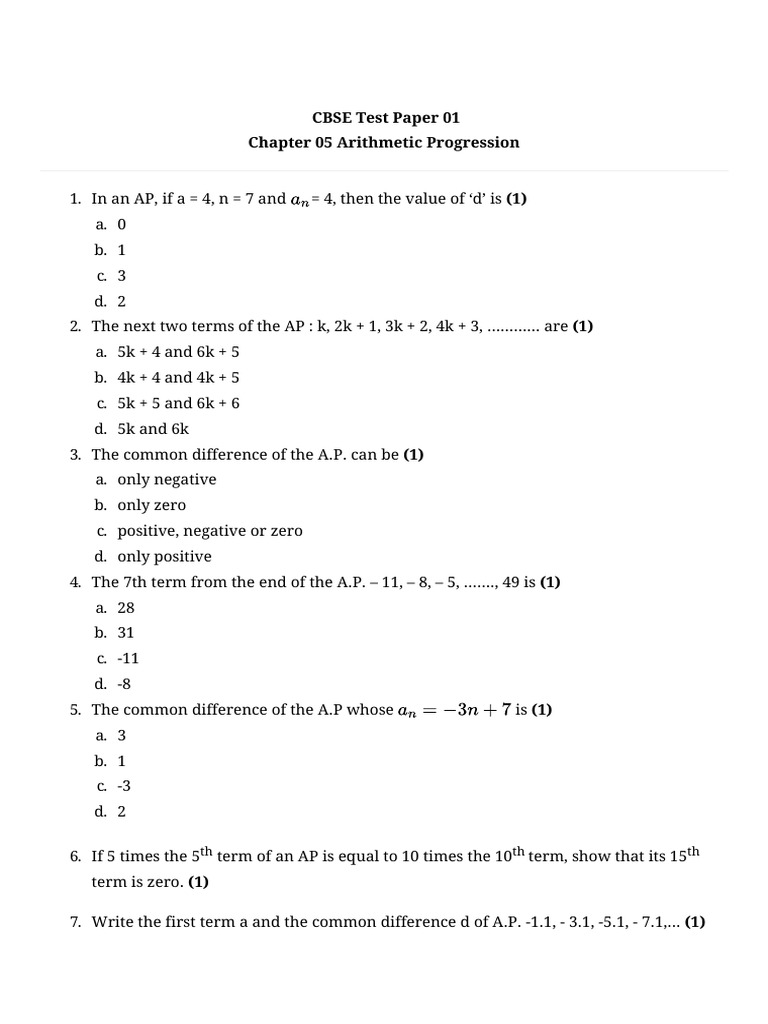 Chapter 05 Arithmetic Progression Test 01 | PDF | Mathematics | Arithmetic