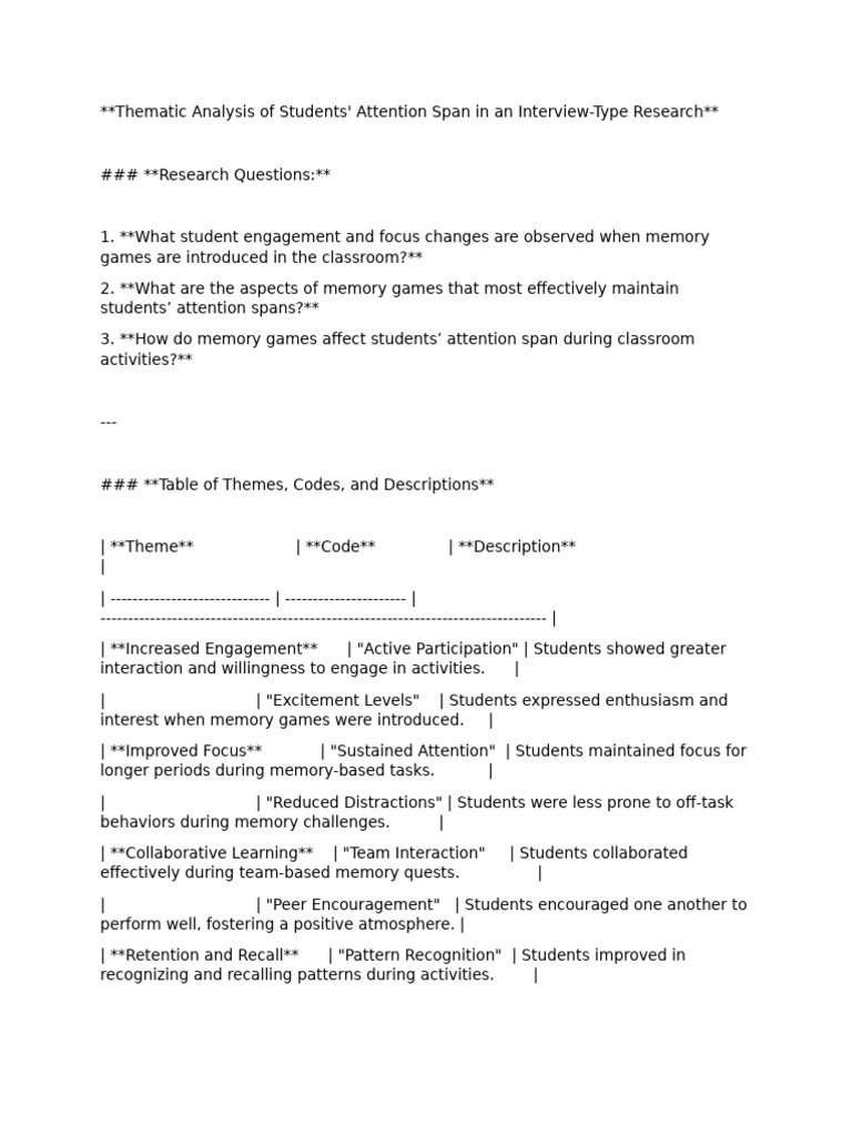 Thematic Analysis - FINAAAALLLL | PDF | Memory | Attention