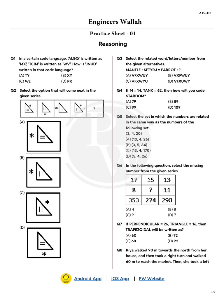 Reasoning - Practice Sheet 01 (English) | PDF