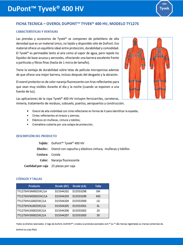 Ficha tecnica – Overol DuPont™ Tyvek® 400 HV, modelo TY127S XC LA - ESP ...