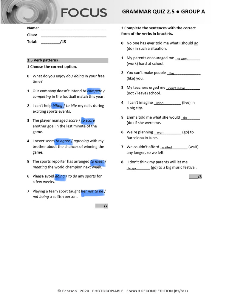 Focus3 2E Grammar Quiz Unit2 5 GroupA | PDF | Linguistics | Grammar