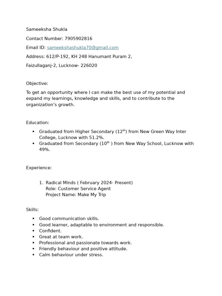 Sameeksha Shukla - Resume Summary | PDF