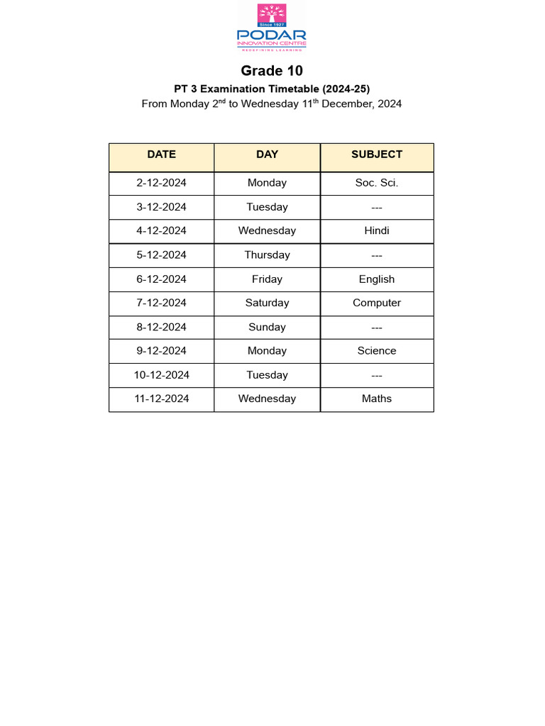 Grade 10 PT 3 Test - Portion With Time Table | PDF
