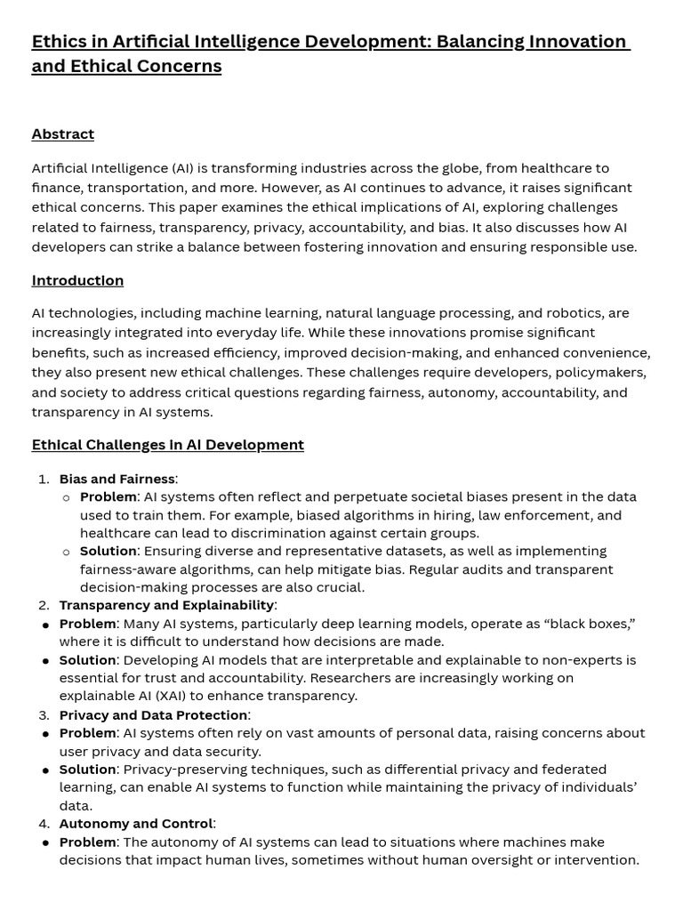 Ethics in Artificial Intelligence Development Balancing Innovation and Ethical Concerns | PDF ...