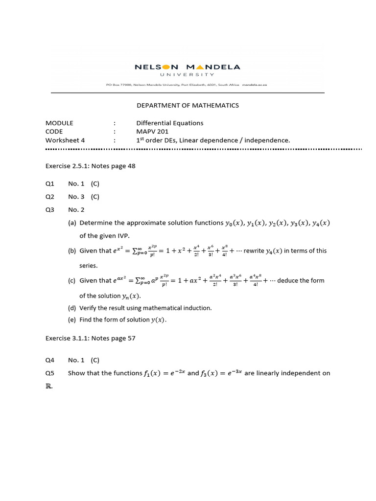 Differential Equations Worksheet 4 | PDF