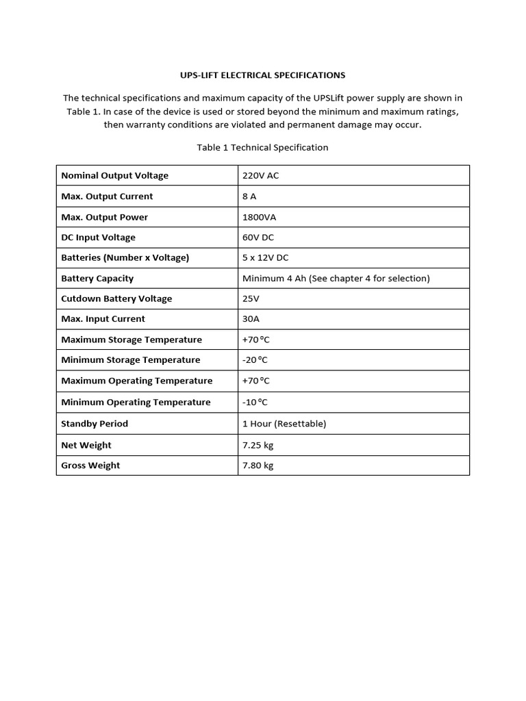 UPS-Lift Electrical Specs | PDF