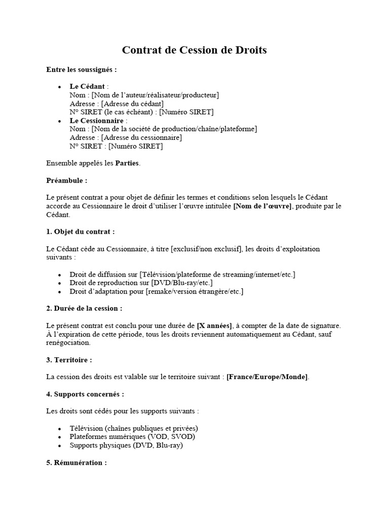 Modèle de Contrat de Cession de Droits | PDF | Vidéo à la demande ...