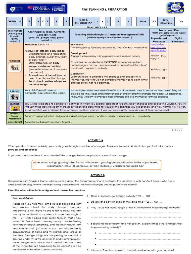 Lesson Plan Gr. 6 Life Slkills PSW Term 1 Week 1 - 2 | PDF | Lesson Plan | Psychology