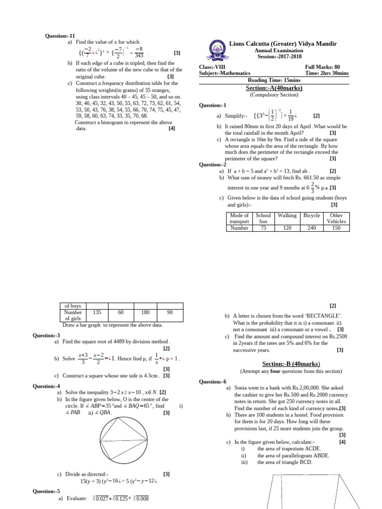 Class VIII Mathematics Exam Questions | PDF | Area | Elementary Geometry