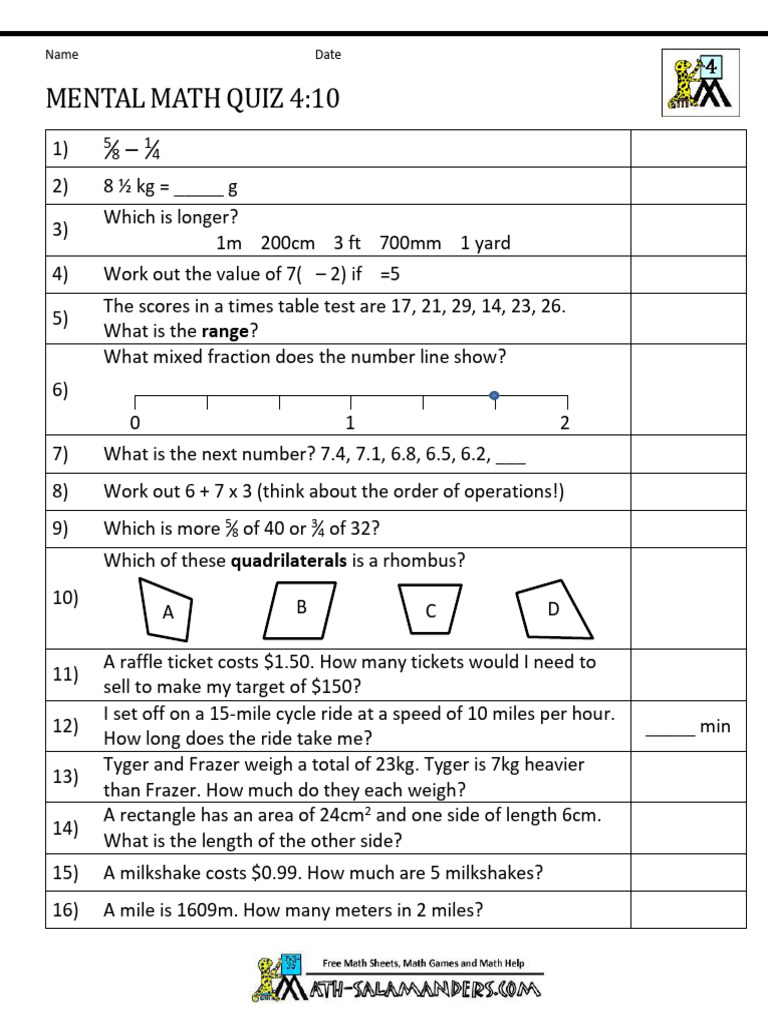 Mental Math 4th Grade 10 | PDF | Metrology | Elementary Geometry