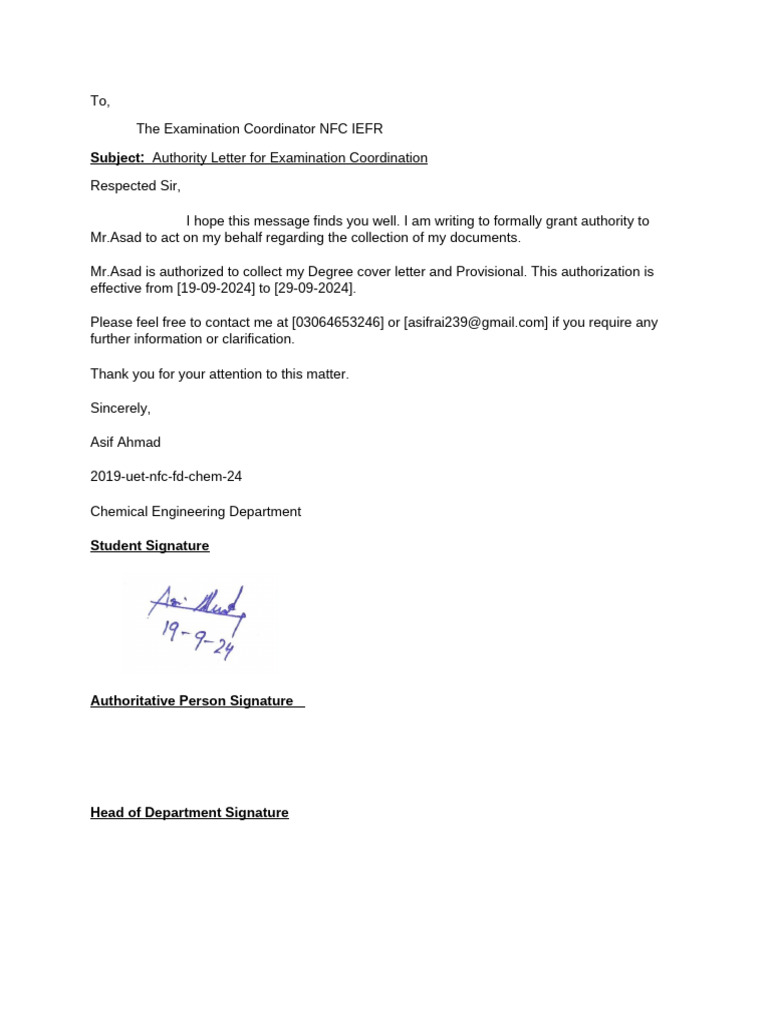 Authority Letter for Exam Coordination | PDF