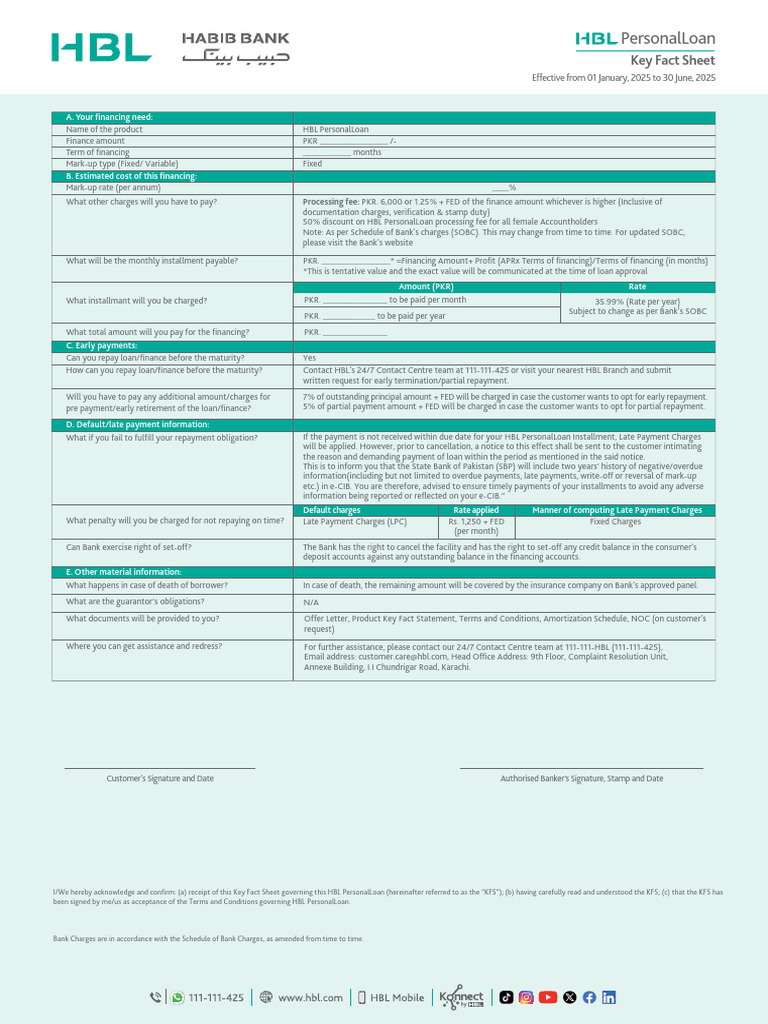 HBL Personal Loan Key Fact Sheet | PDF | Banks | Loans