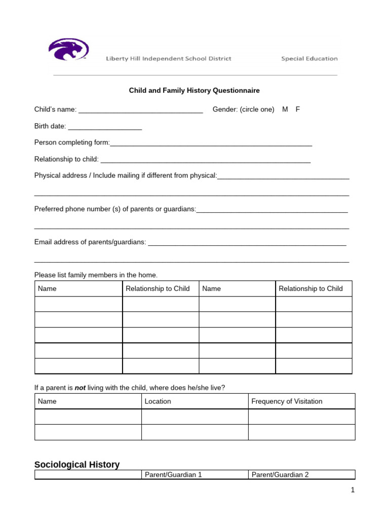 Child and Family History Questionnaire | PDF | Speech | Reason