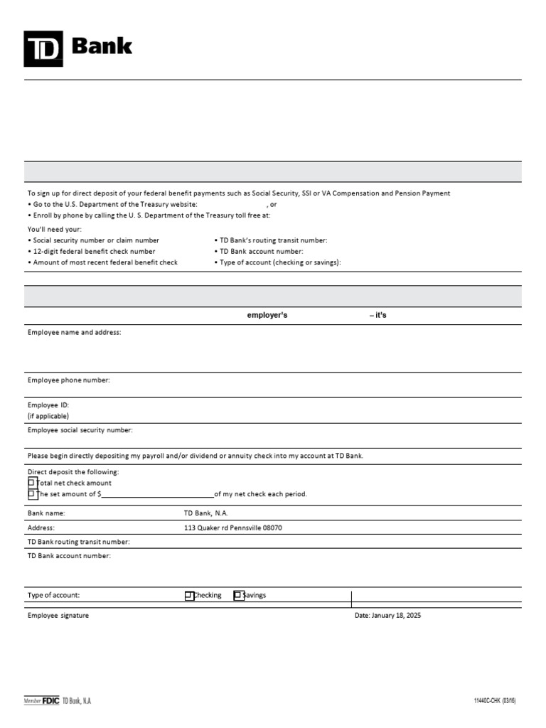 TD Bank Direct Deposit Authorization Form | PDF