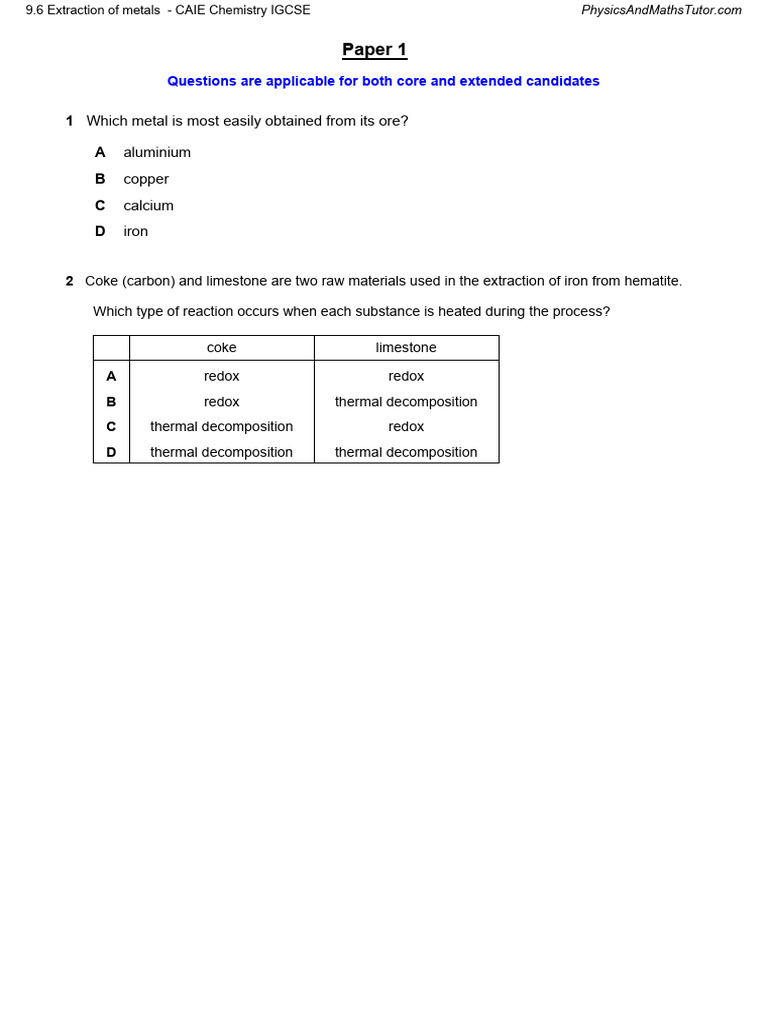 Iron Extraction in IGCSE Chemistry | PDF | Oxide | Aluminium
