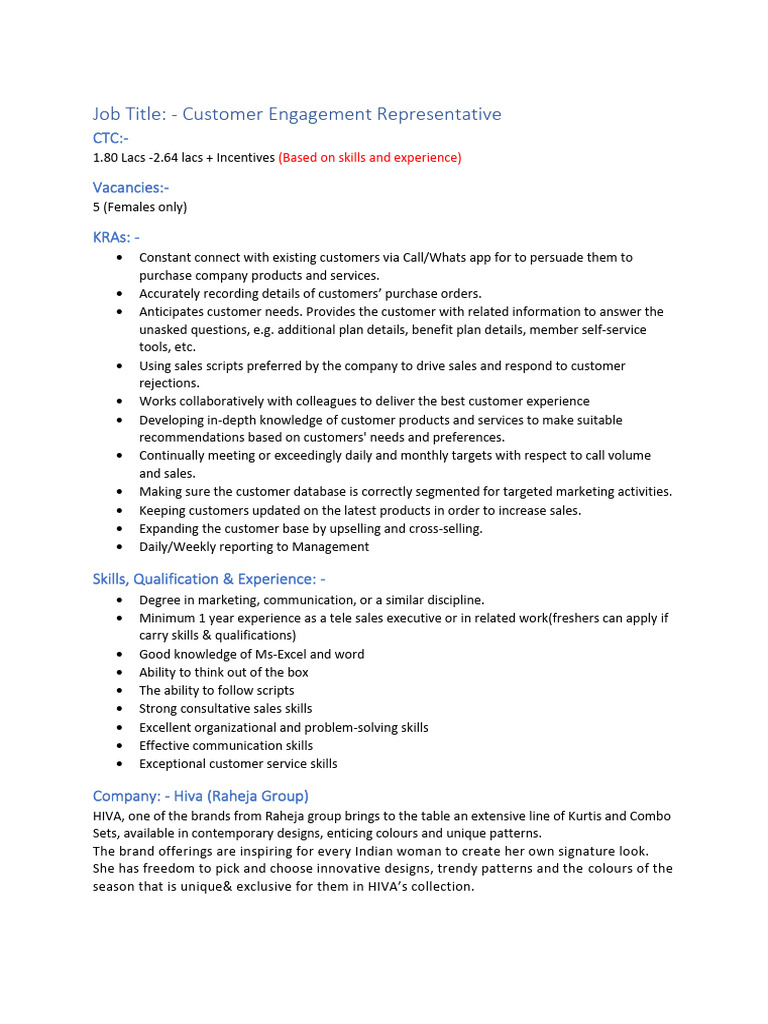JD - Customer Engagement Representative v1 | PDF | Business | Marketing