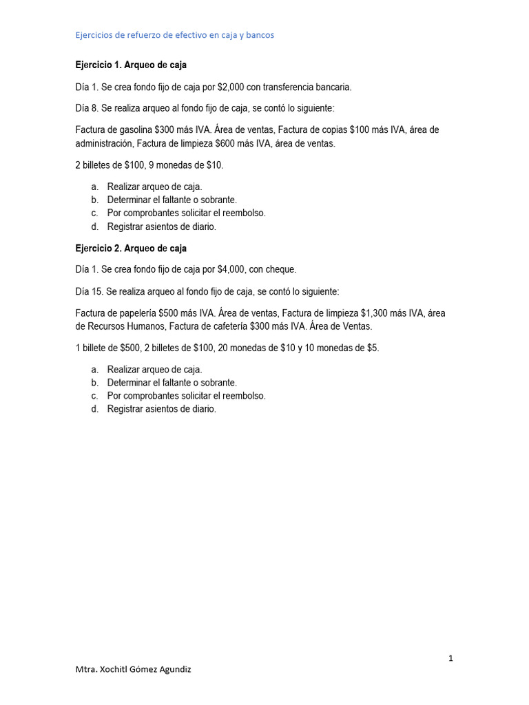 Ejercicio de refuerzo de efectivo en caja y bancos | PDF | Bancario | Dinero