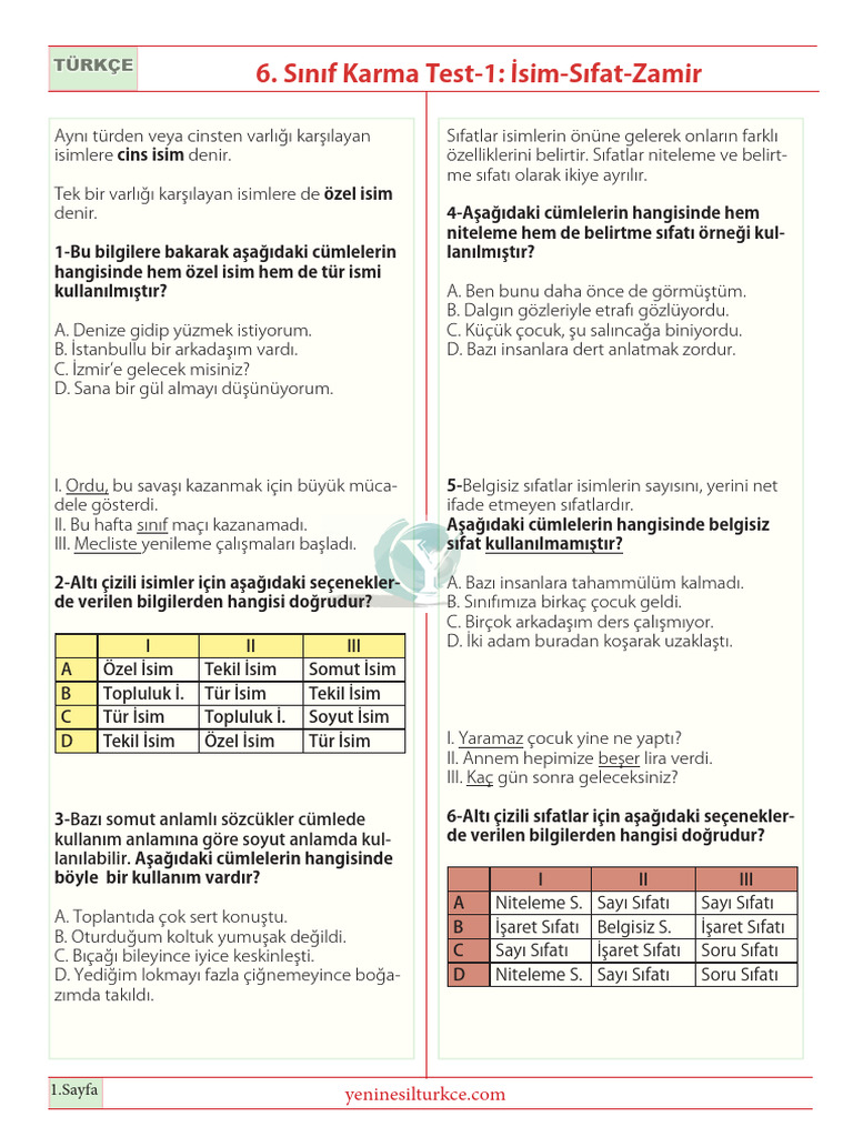6.sinif Turkce Isim Sifat Zamir Calisma Sorulari | PDF