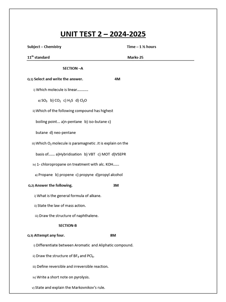 Chemistry Unit Test 2024-2025 Guide | PDF