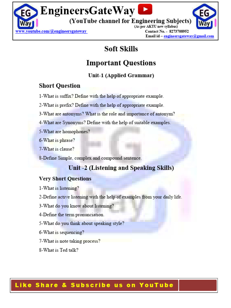 Soft Skill Important Questions Unitwise | PDF | Communication | Grammar