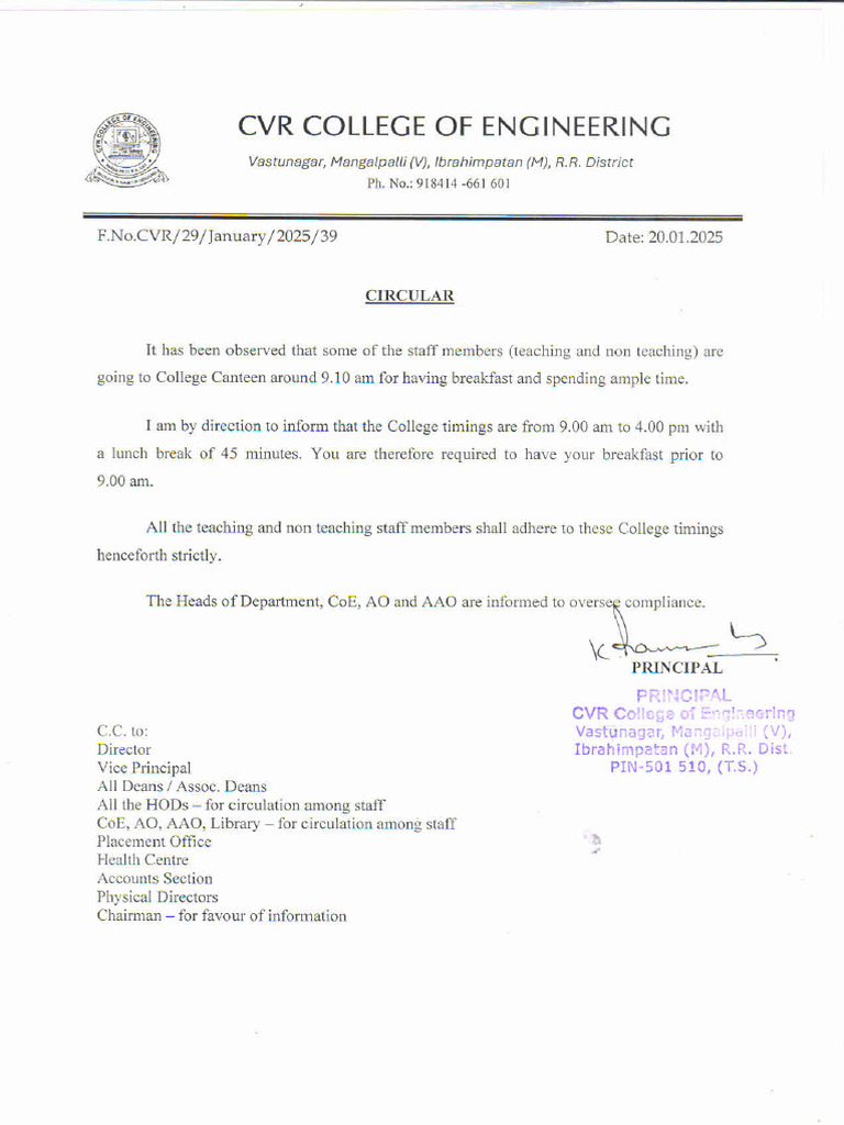 Circular - Reg - Breakfast Timings | PDF