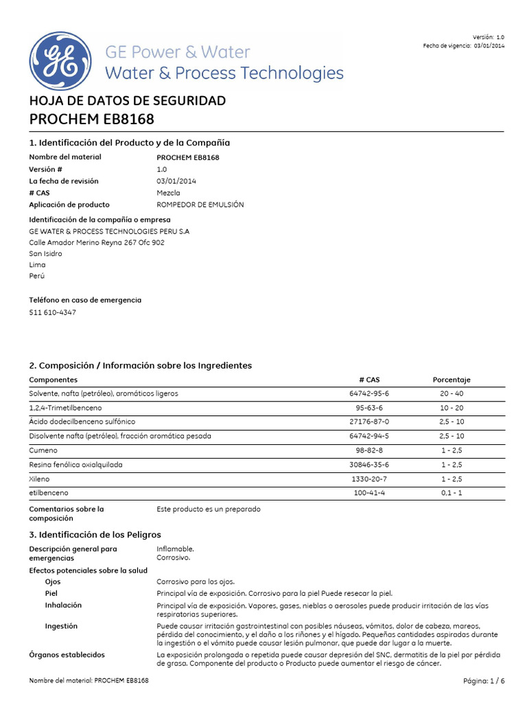 Hoja de Seguridad PROCHEM EB8168 | PDF | Residuos | Agua