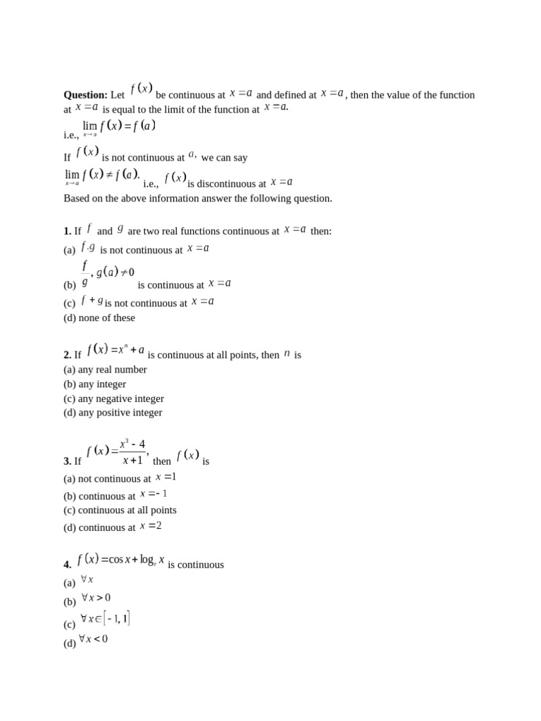 Practice Questions Continuity and Diff. | PDF | Function (Mathematics) | Numbers