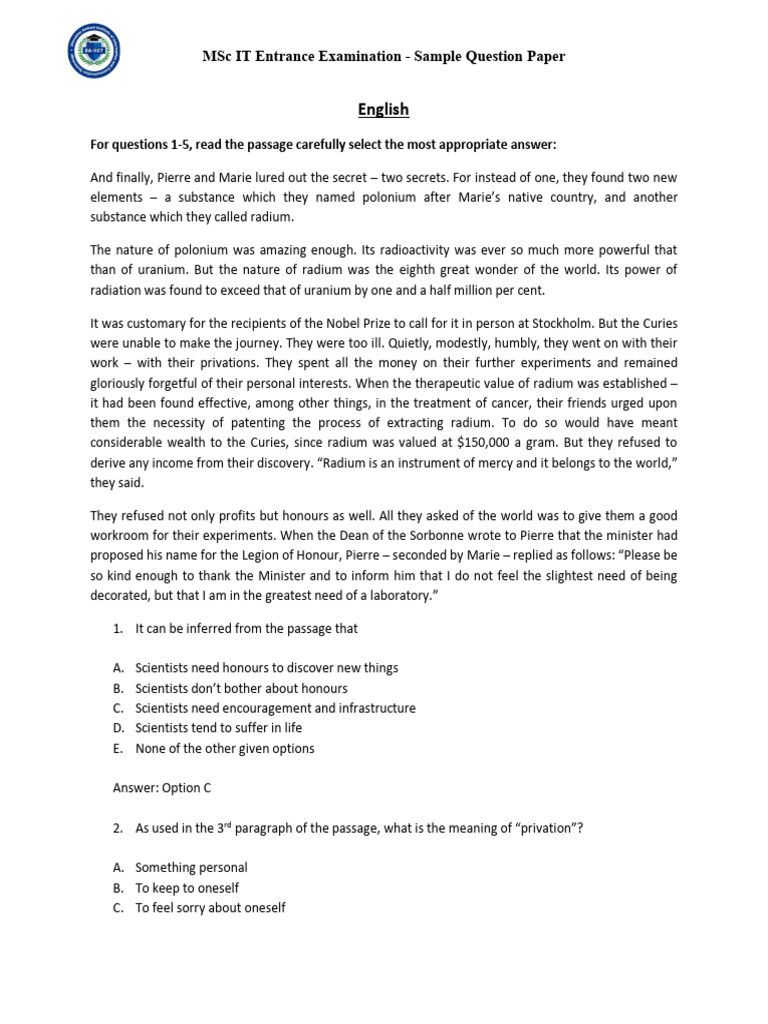 MSc IT Entrance Exam Sample Paper | PDF | Marie Curie