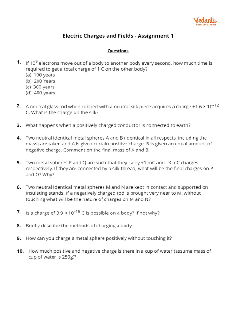 Electric Charges and Fields - Assignment | PDF