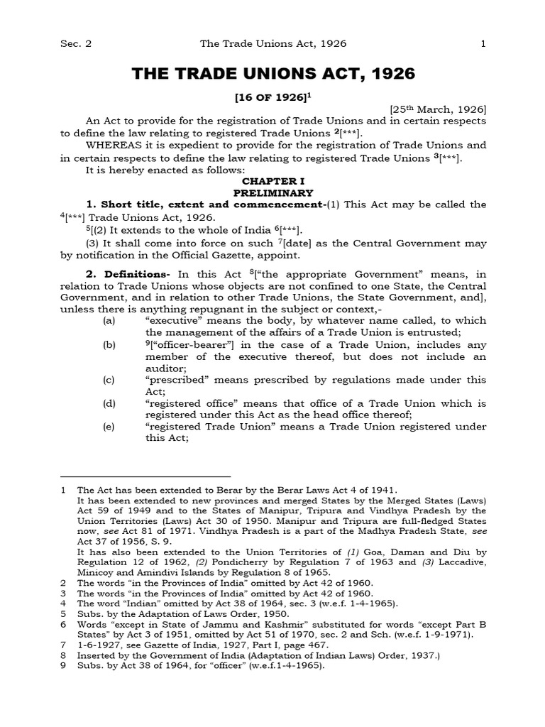 Trade Unions Act, 1926 1 To 13 | PDF | Employment | Appeal