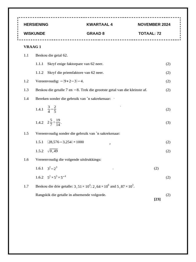 WISKUNDE GRAAD 8 KWT. 4 HERSIENING 2022o | PDF