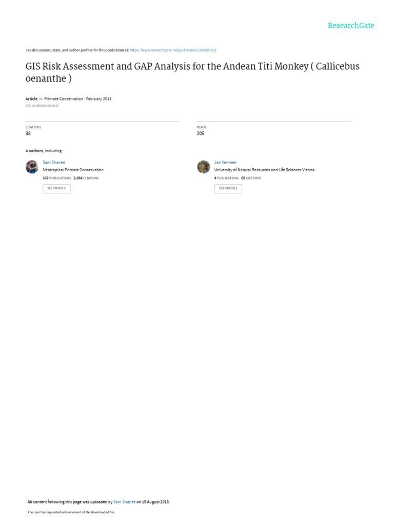 GIS Risk Assessment and GAP Analysis For The Andean Titi Monkey (Callicebus Oenanthe) | PDF ...