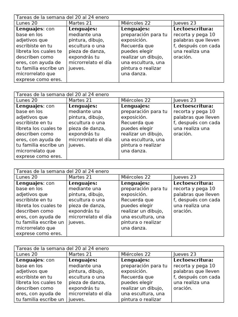 Tareas de La Semana Del 20 Al 24 Enero | PDF