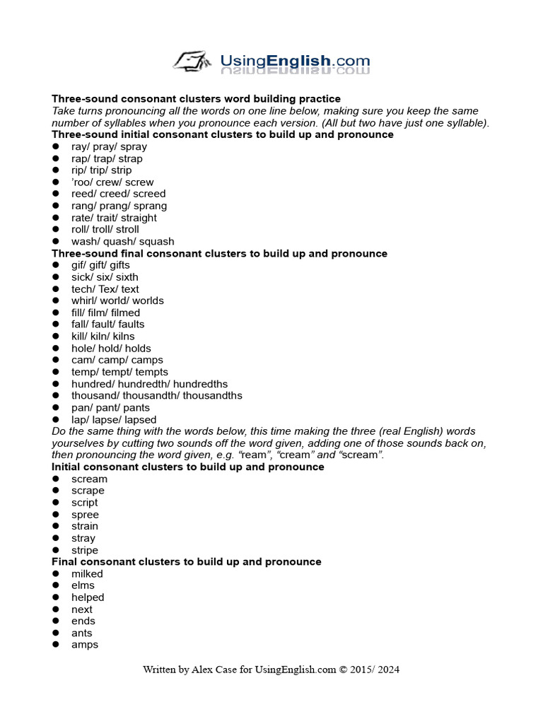 Pronunciation Practice for Clusters | PDF