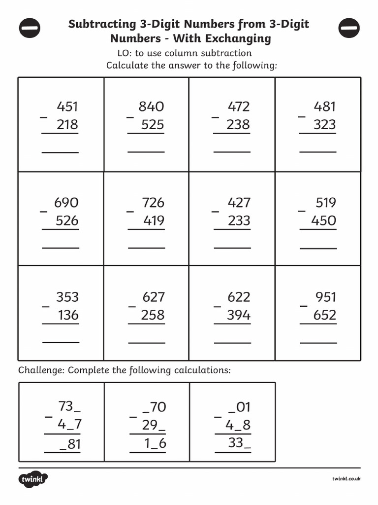 3 Digit Column Subtraction - Year 3 Worksheet | PDF