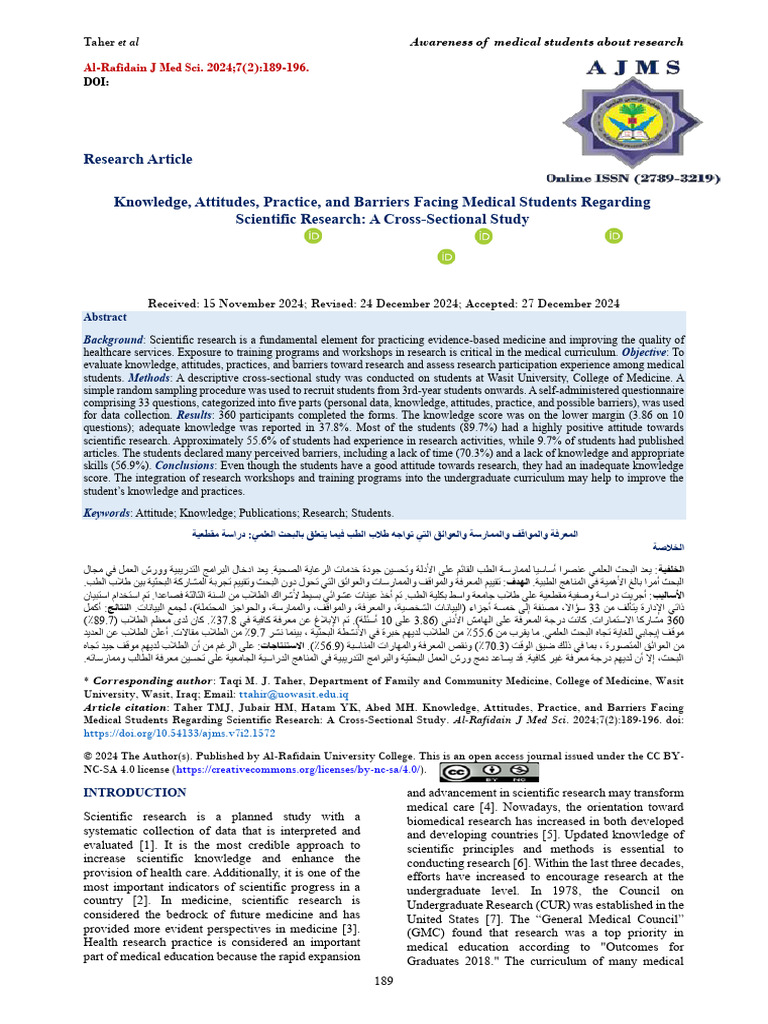 Knowledge, Attitudes, Practice, and Barriers Facing Medical Students Regarding Scientific ...