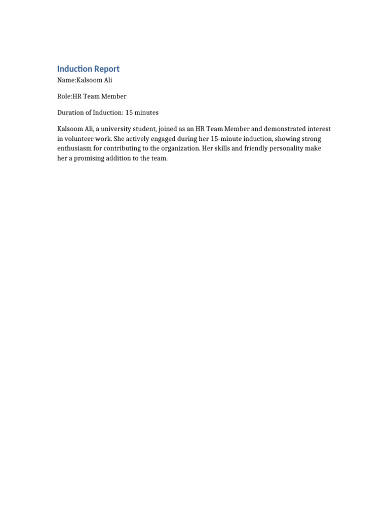 Kalsoom Ali Induction Report | PDF