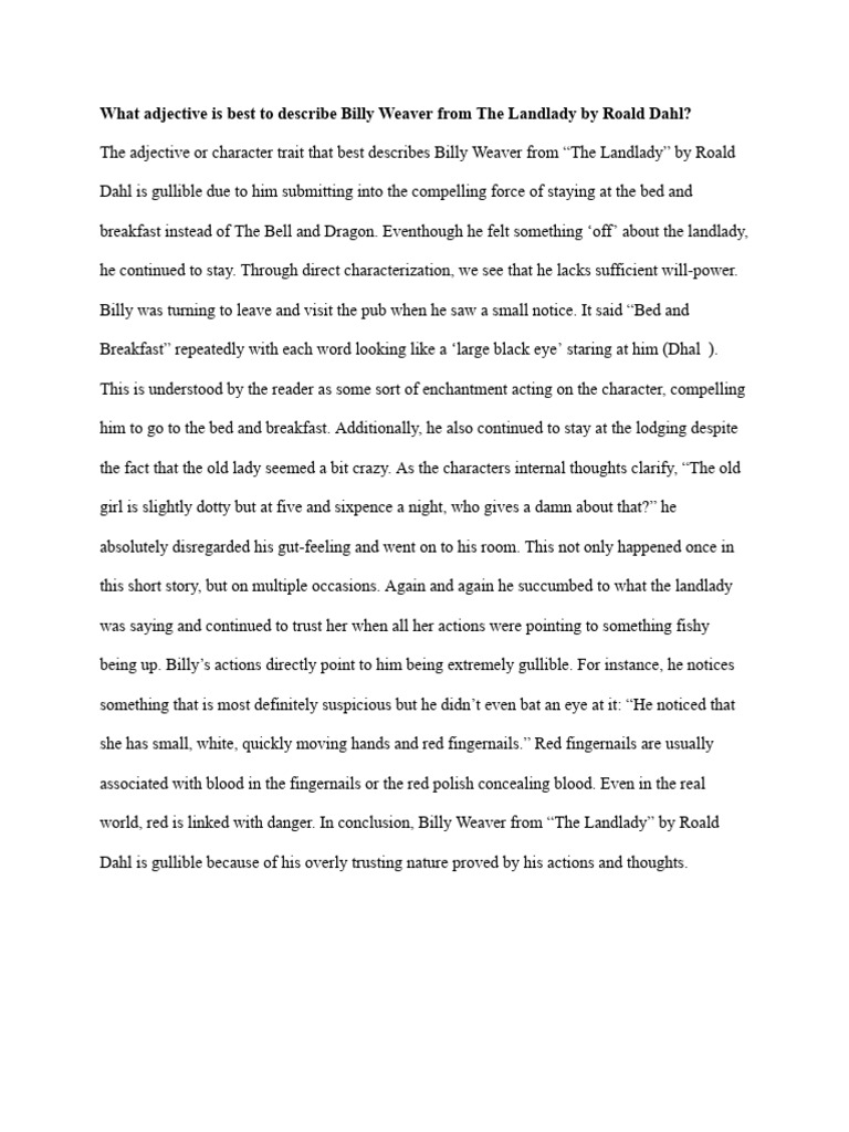 The landlady by Roald Dhal essay | PDF