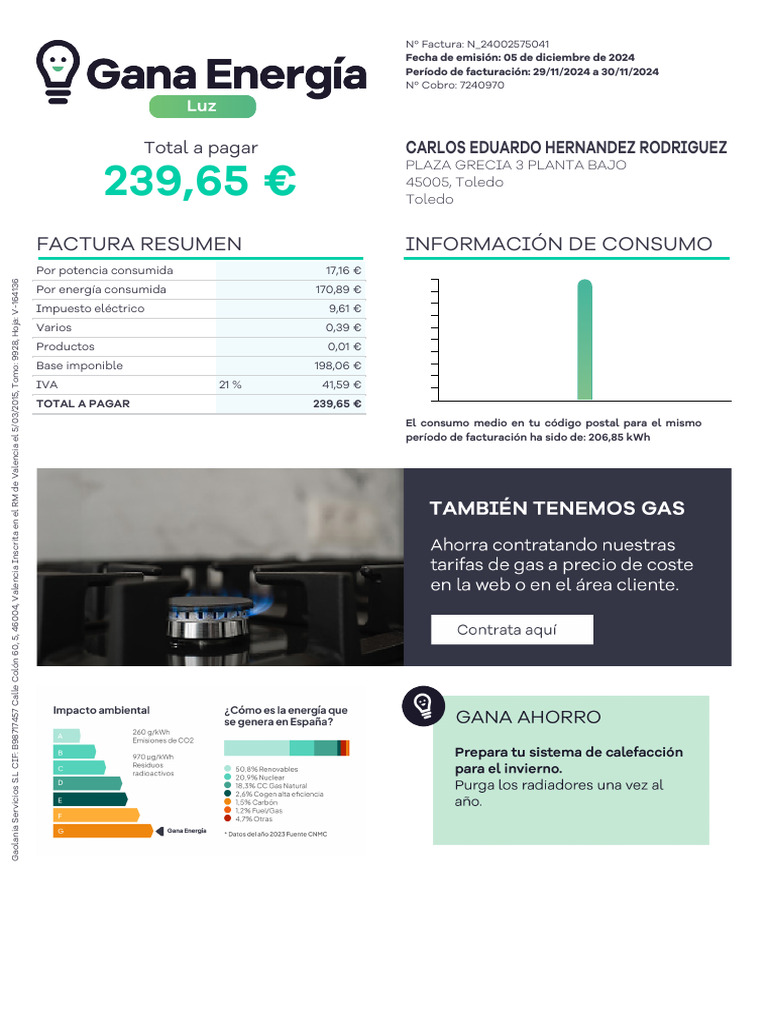 Factura de Gas: Resumen y Detalles | PDF