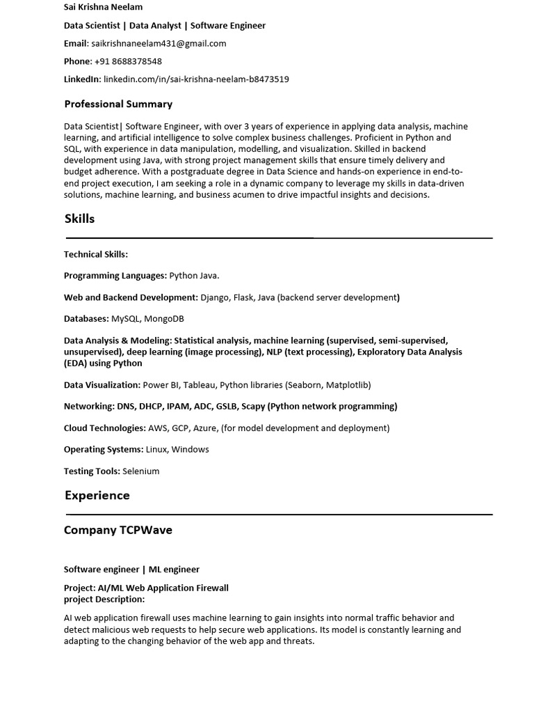 Sai Krishna Neelam Resume | PDF | Machine Learning | Domain Name System