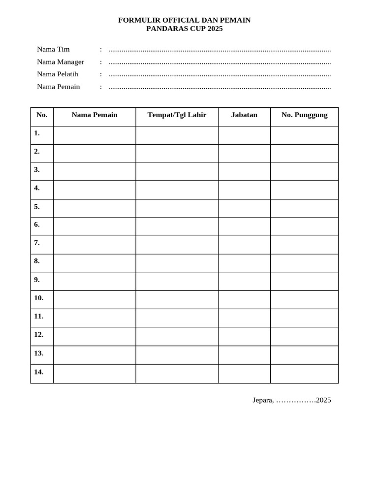 Formulir Peserta Pandaras Cup 2025 | PDF
