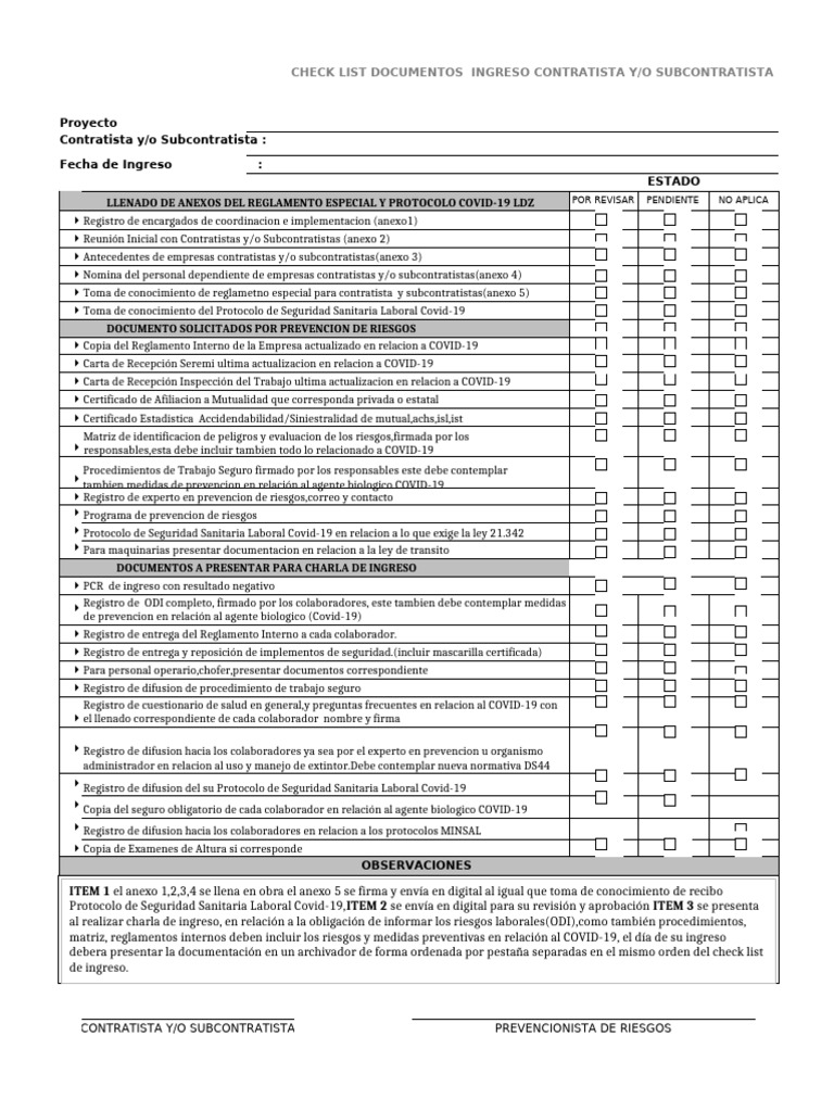 REGISTRO PDR 036 Check List para El Ingreso Contratista y ...