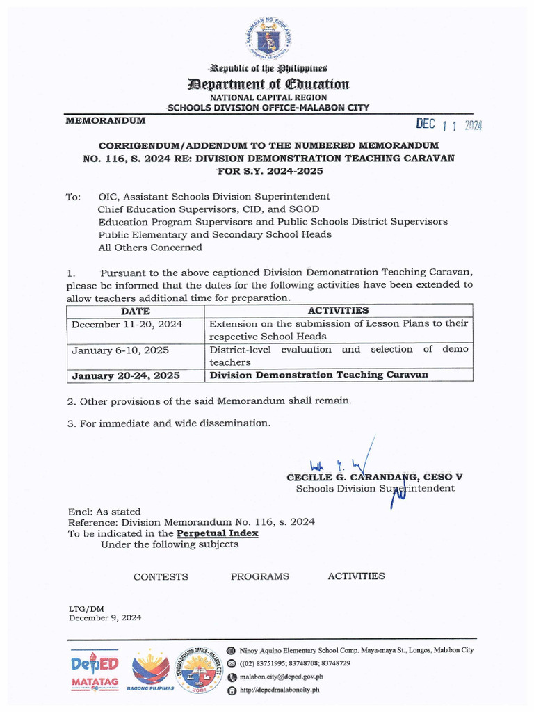 Um-12-11-24 Corrigendum - Addendum To The Numbered Memorandum No. 116 S. 2024 Re Division ...