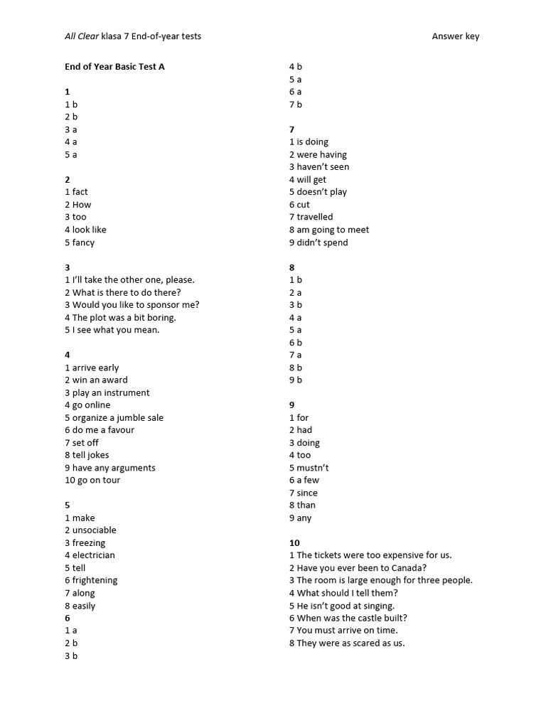End-of-Year Tests Answer Key for Klasa 7 | PDF