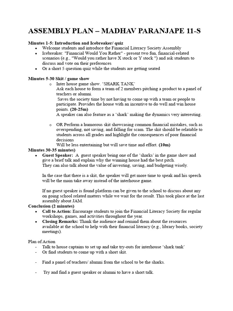 Assembly Plan Madhav | PDF | Public Speaking